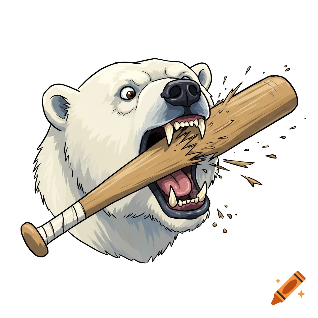 Cartoon polar bear head biting a wooden baseball bat in half, with ...