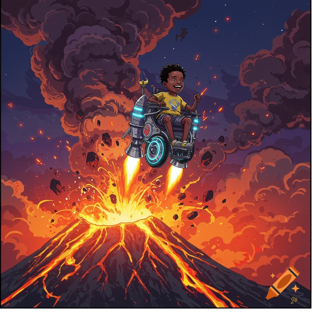 A happy Black child in a rocket-powered wheelchair flies above an ...