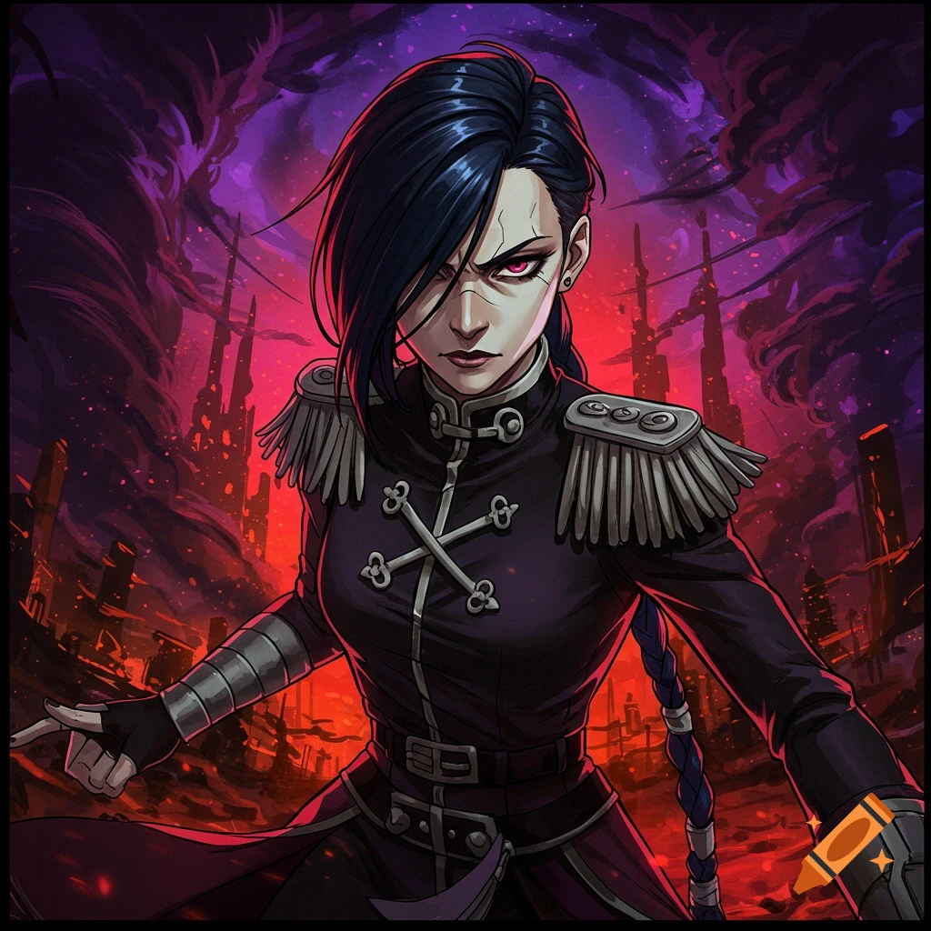 A stern anime-style woman with dark hair and red eyes in a black ...