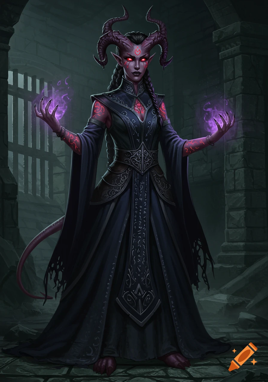 A full body portrait of a female tiefling warlock with purple skin, red ...