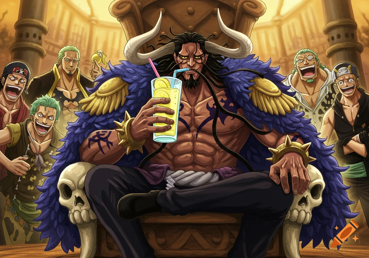 Kaido from One Piece sitting on a skull throne, drinking lemonade ...