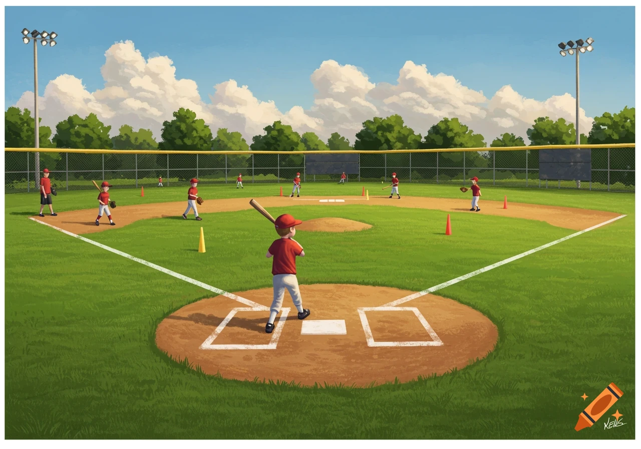 An illustration of children playing baseball on a sunny field during a ...