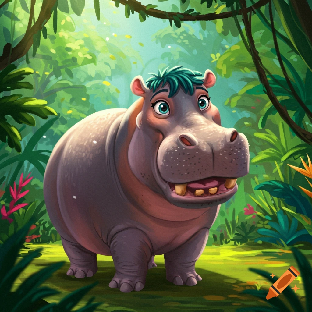 A cute cartoon hippopotamus with blue hair stands in a vibrant green ...