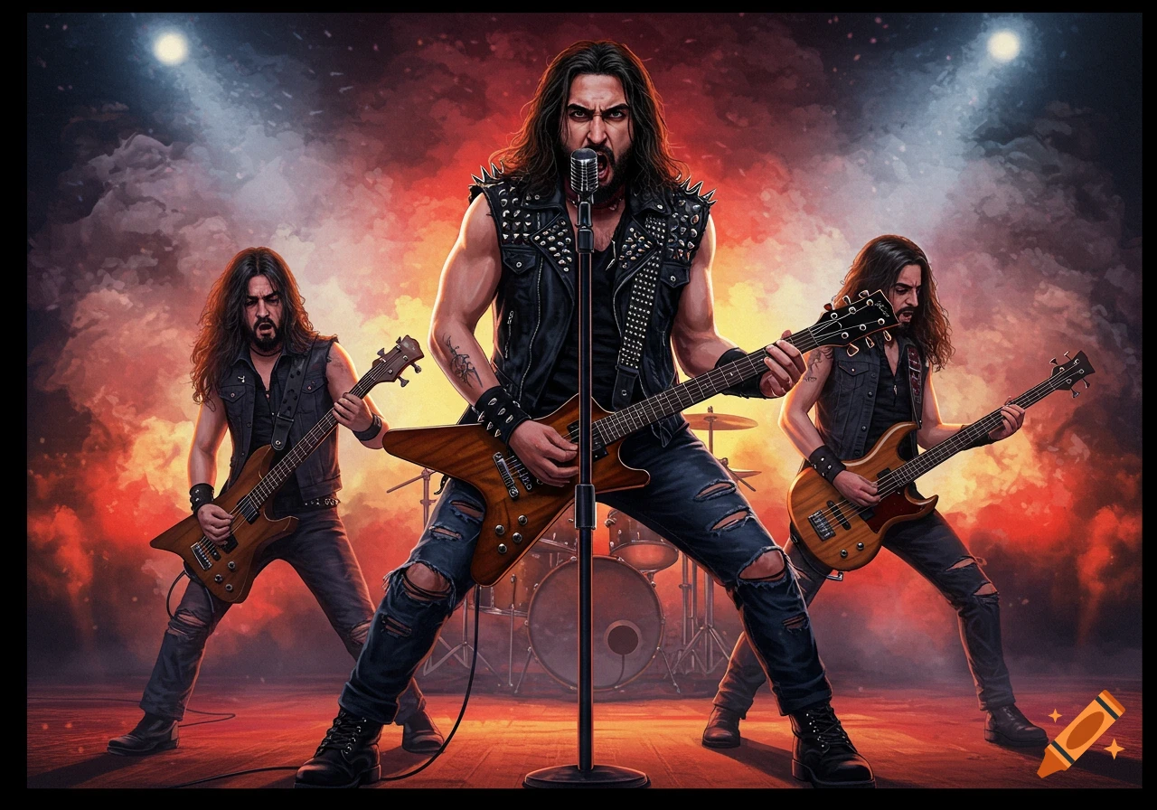 Three heavy metal band members performing on stage with guitars and ...