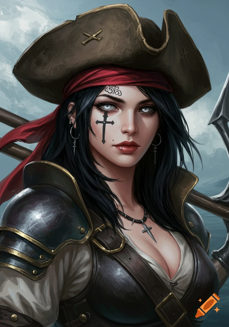 A digital painting of a dark-haired pirate woman with silver eyes, wearing a hat, bandana, and ...
