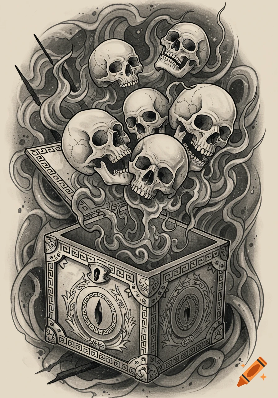 Tattoo line art of an open, ornate Pandora's box with Greek designs ...
