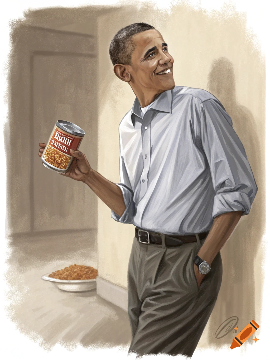 A digital illustration depicts Barack Obama smiling and holding a can ...