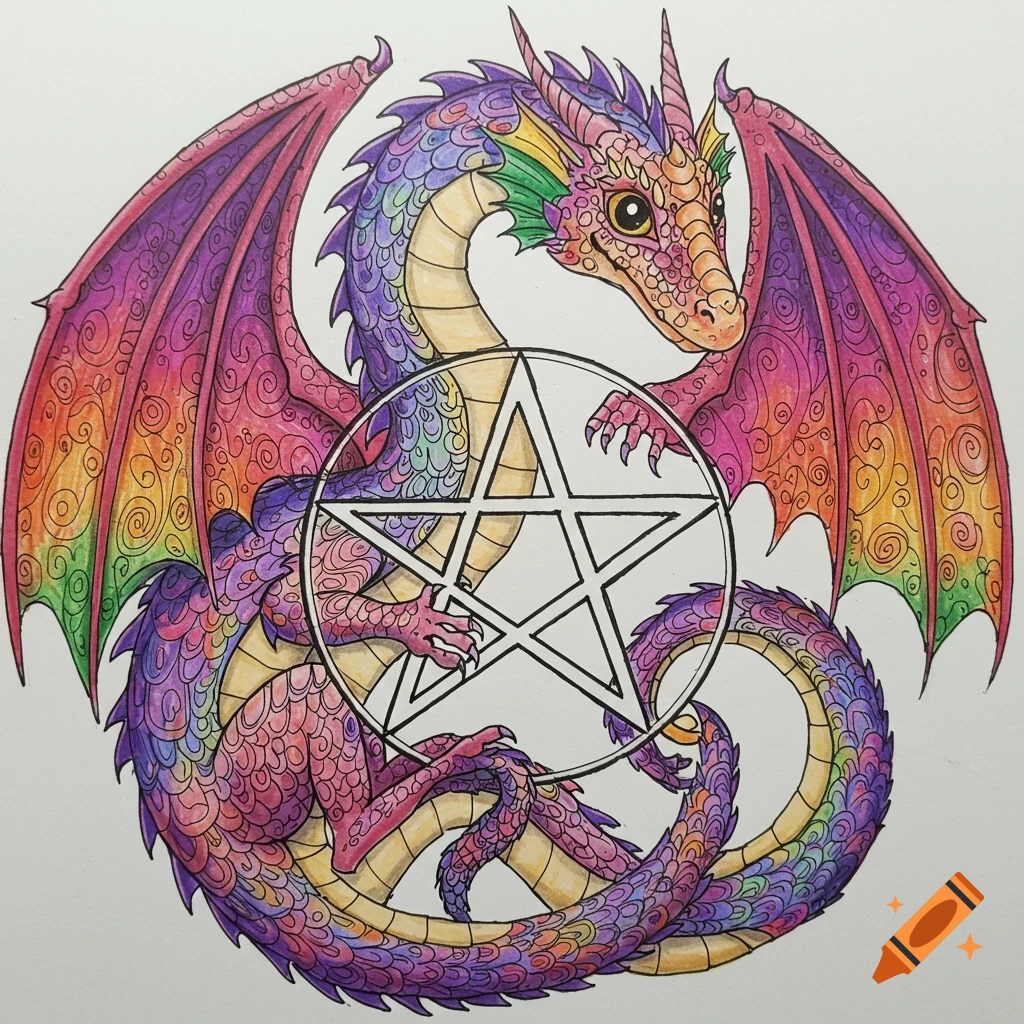 Colorful rainbow dragon wrapped around a pentacle symbol in a coloring ...