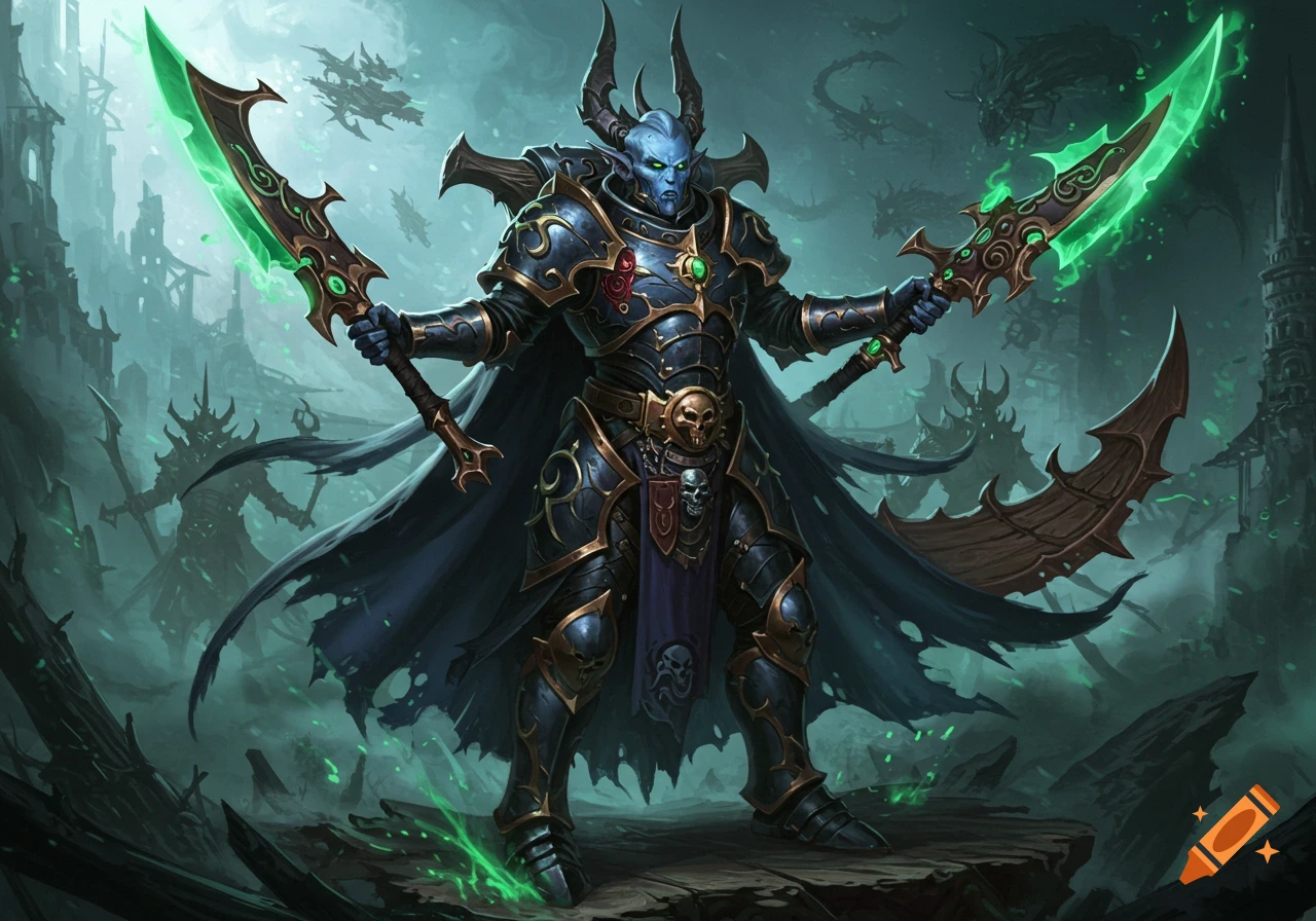 A blue-skinned horned warrior in dark fantasy armor with glowing green ...