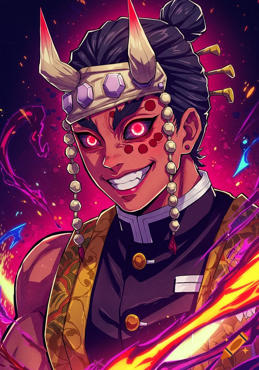 Anime-style portrait of a male demon with red skin, glowing red eyes ...