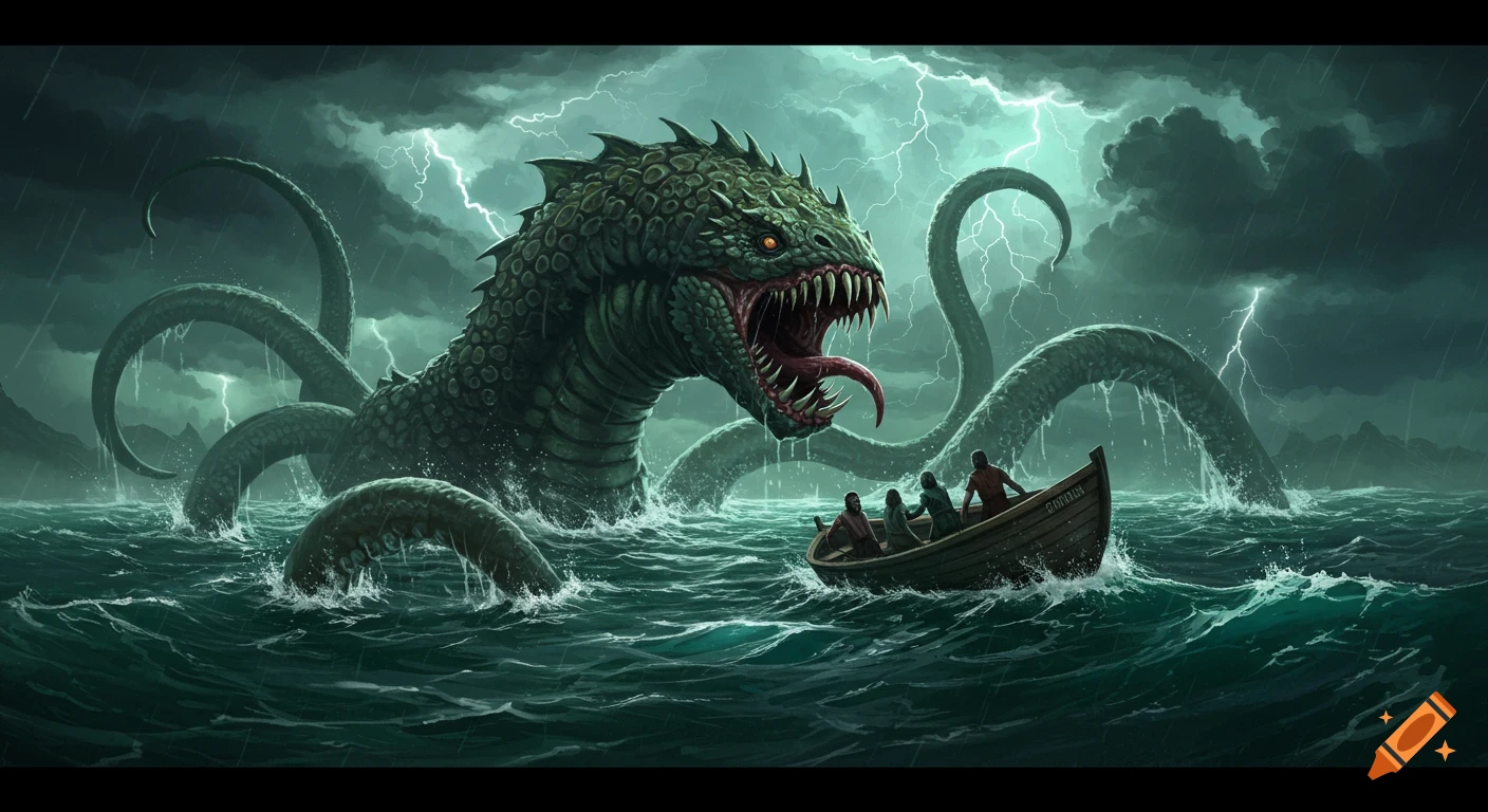 A gigantic green sea monster with tentacles and sharp teeth rises from ...