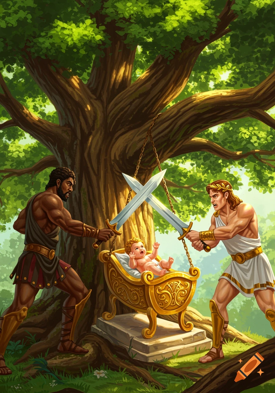 Two men in ancient attire wield swords to protect a crying baby in a ...