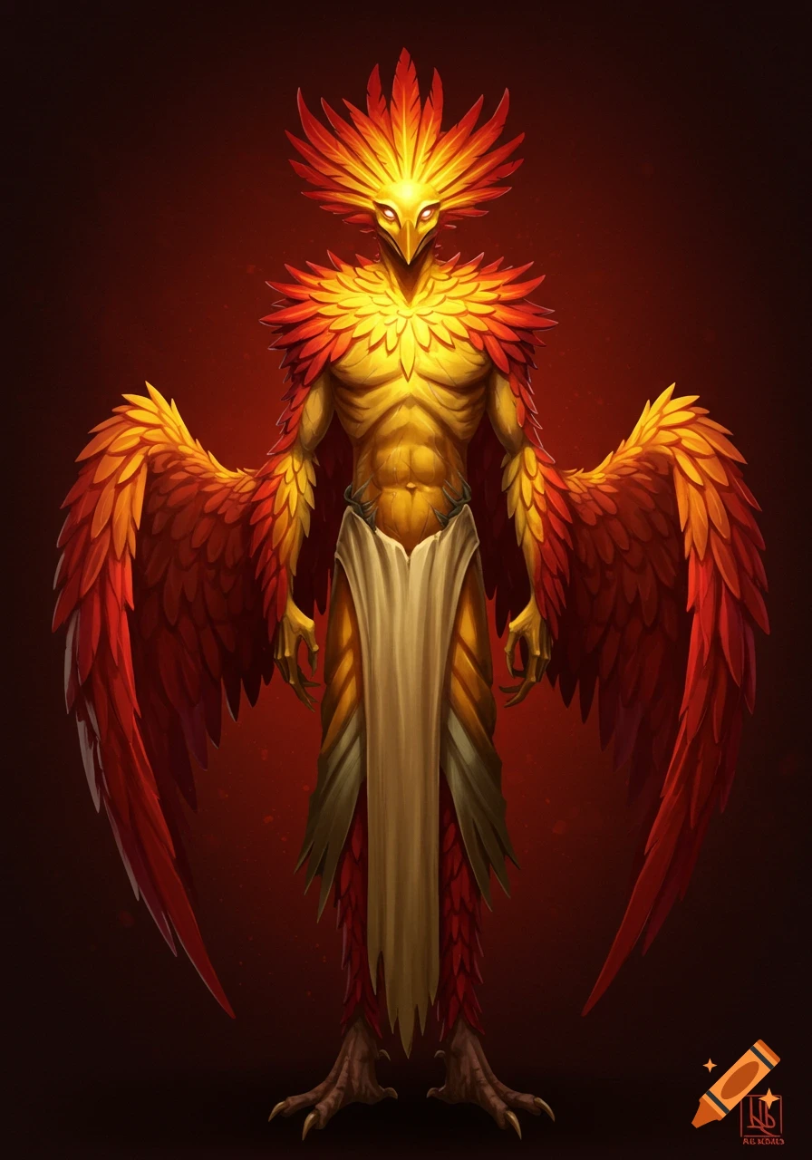 A tall, slender, humanoid creature with golden skin, red and gold ...