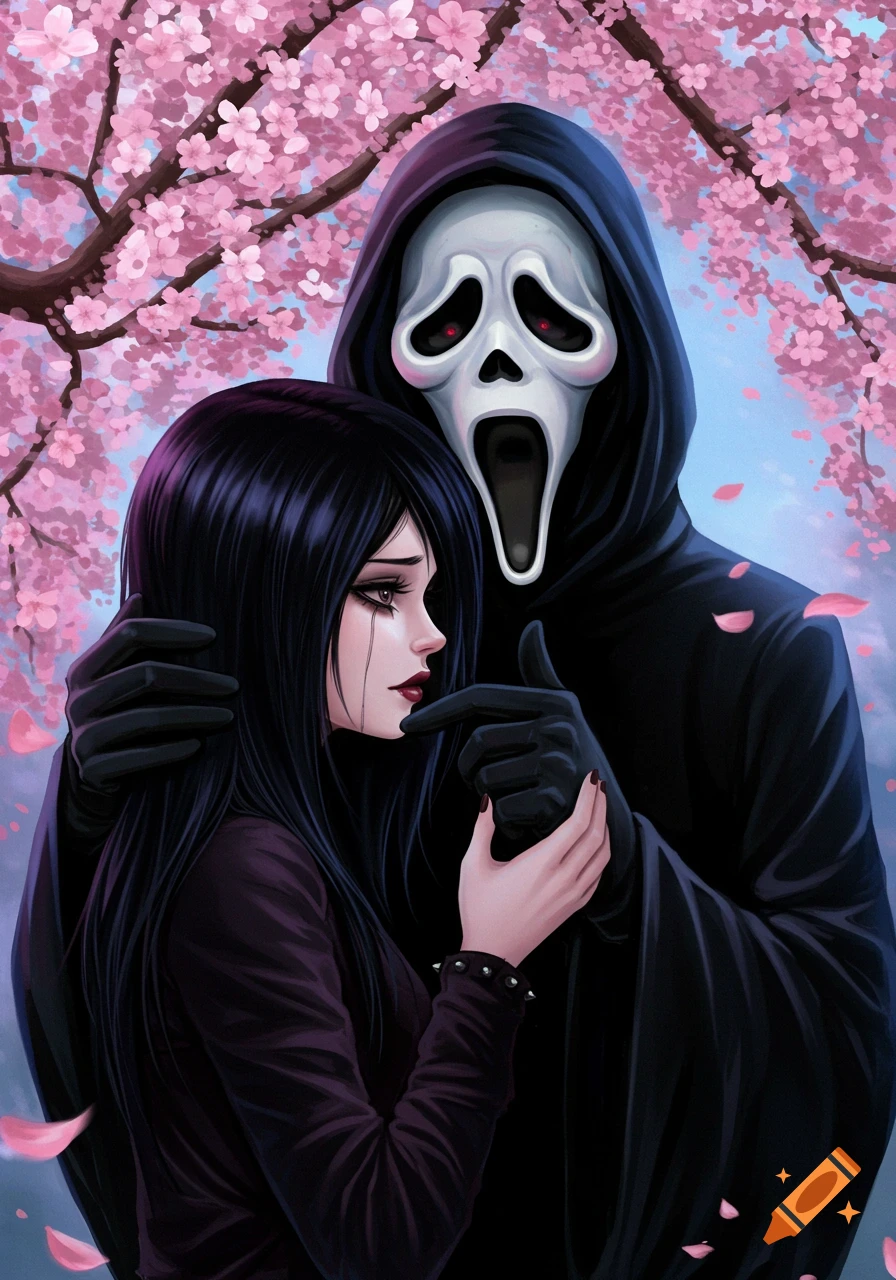 Anime-style illustration of Ghostface holding an emo girl under a ...