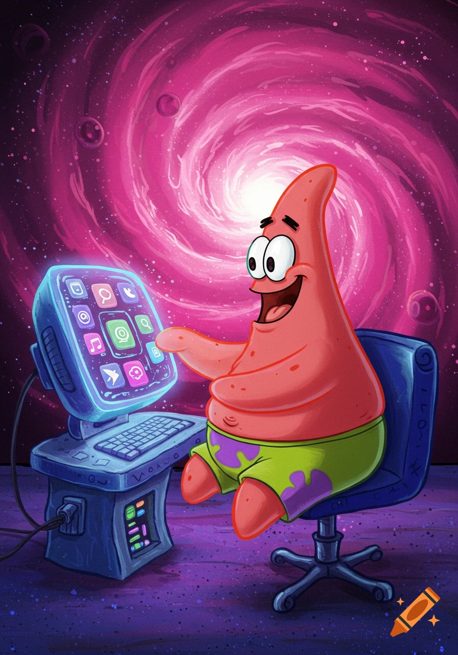 Patrick Star sits at a glowing computer against a vibrant pink galaxy, touching the screen. on ...