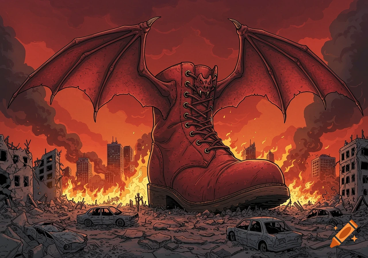 Giant red boot with bat wings stands over a destroyed city ablaze, in a ...