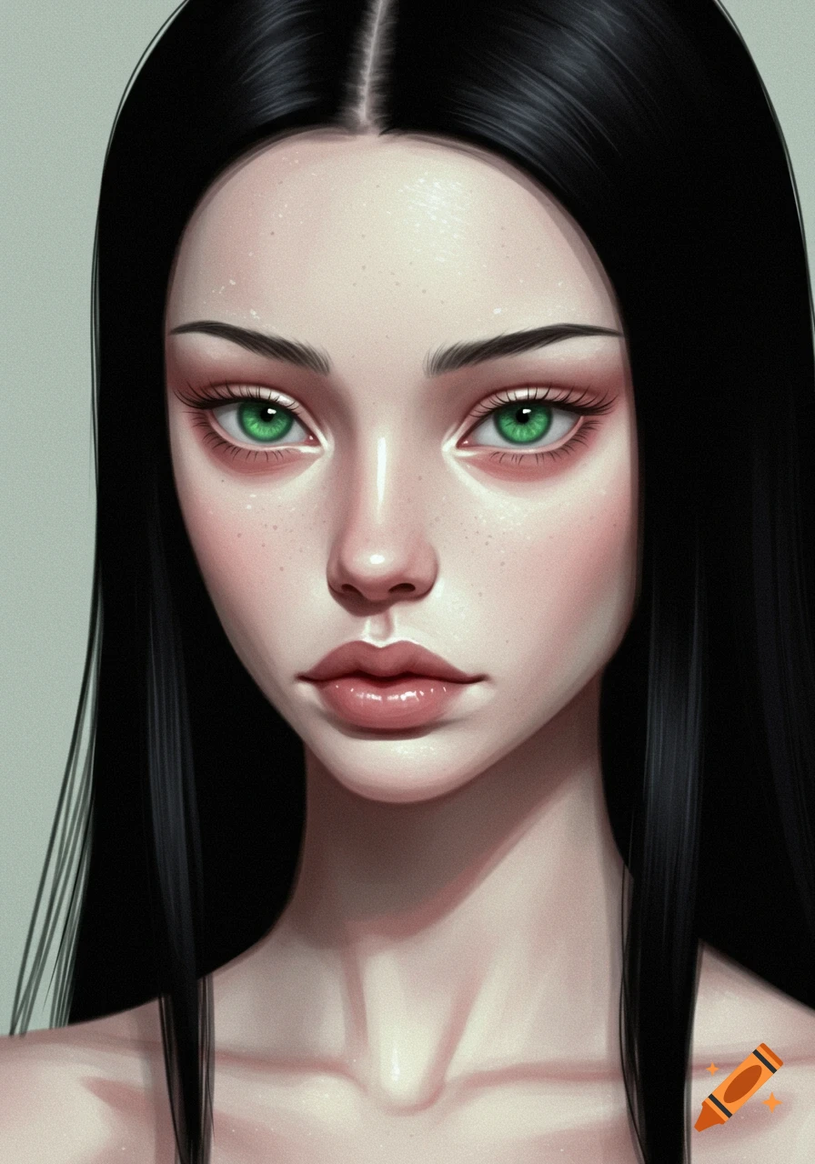 A close-up portrait of a woman with pale skin, long black hair, and ...