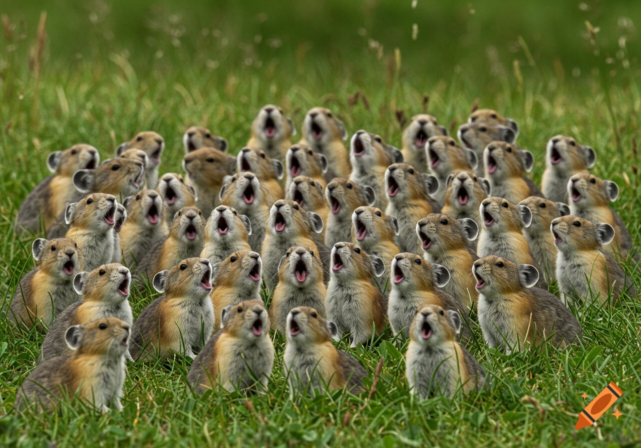 A large group of American pikas with their mouths open, sitting in a ...