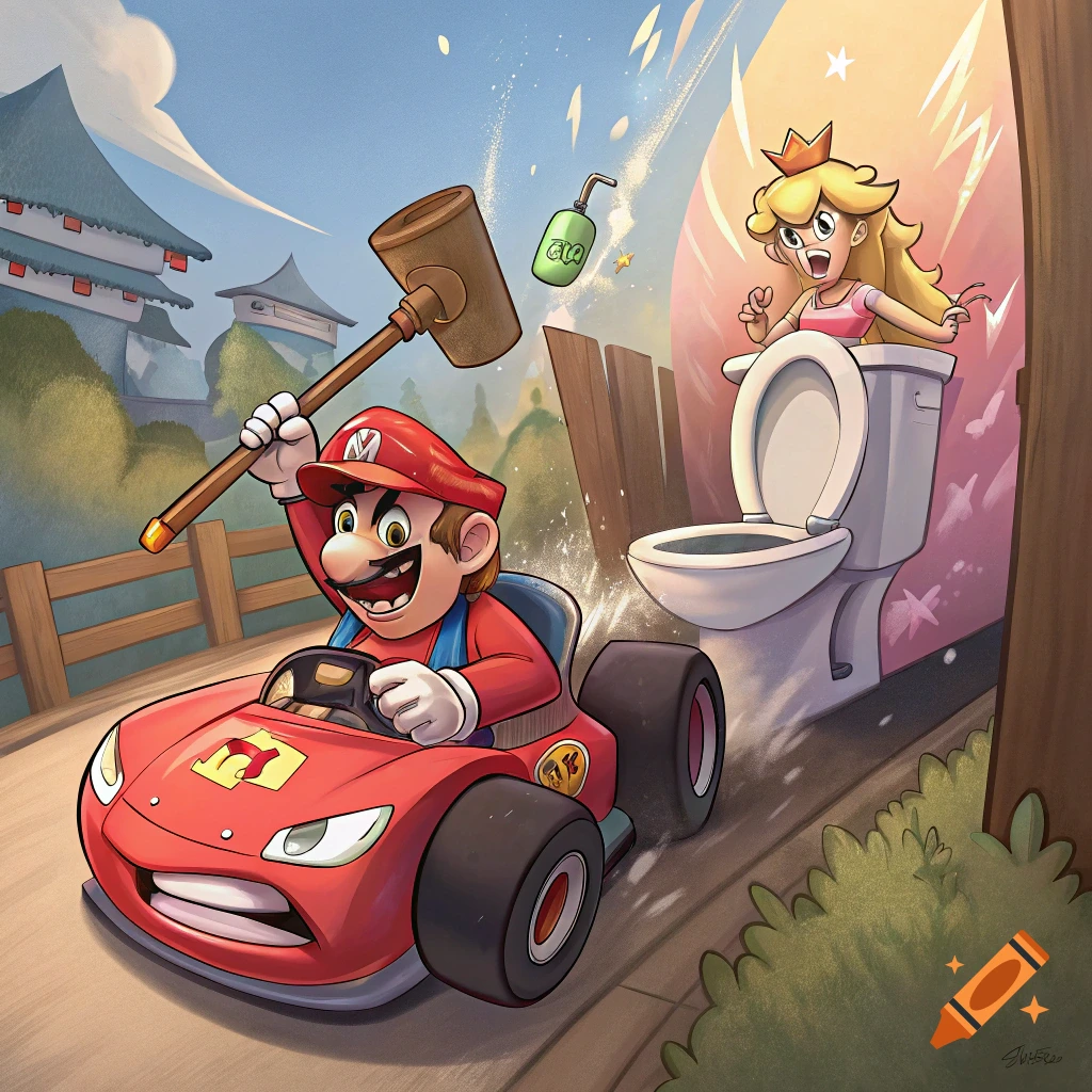 Cartoon of Mario in a red kart, holding a large mallet, racing past ...