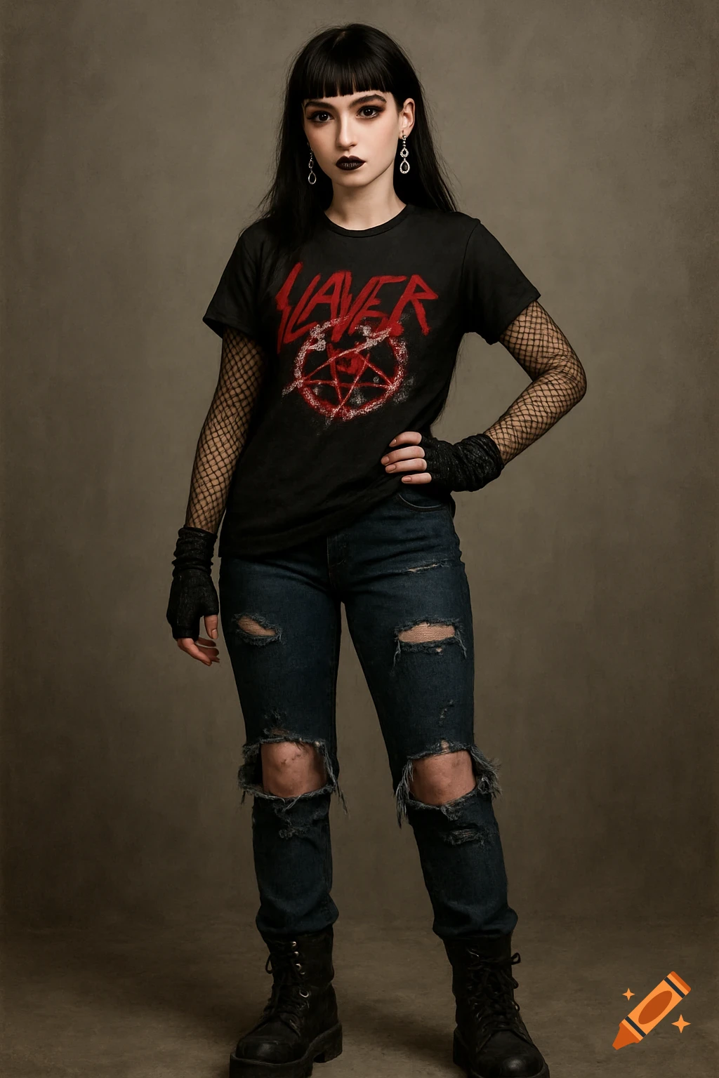 A full-body studio portrait of a woman in goth attire: black Slayer t ...