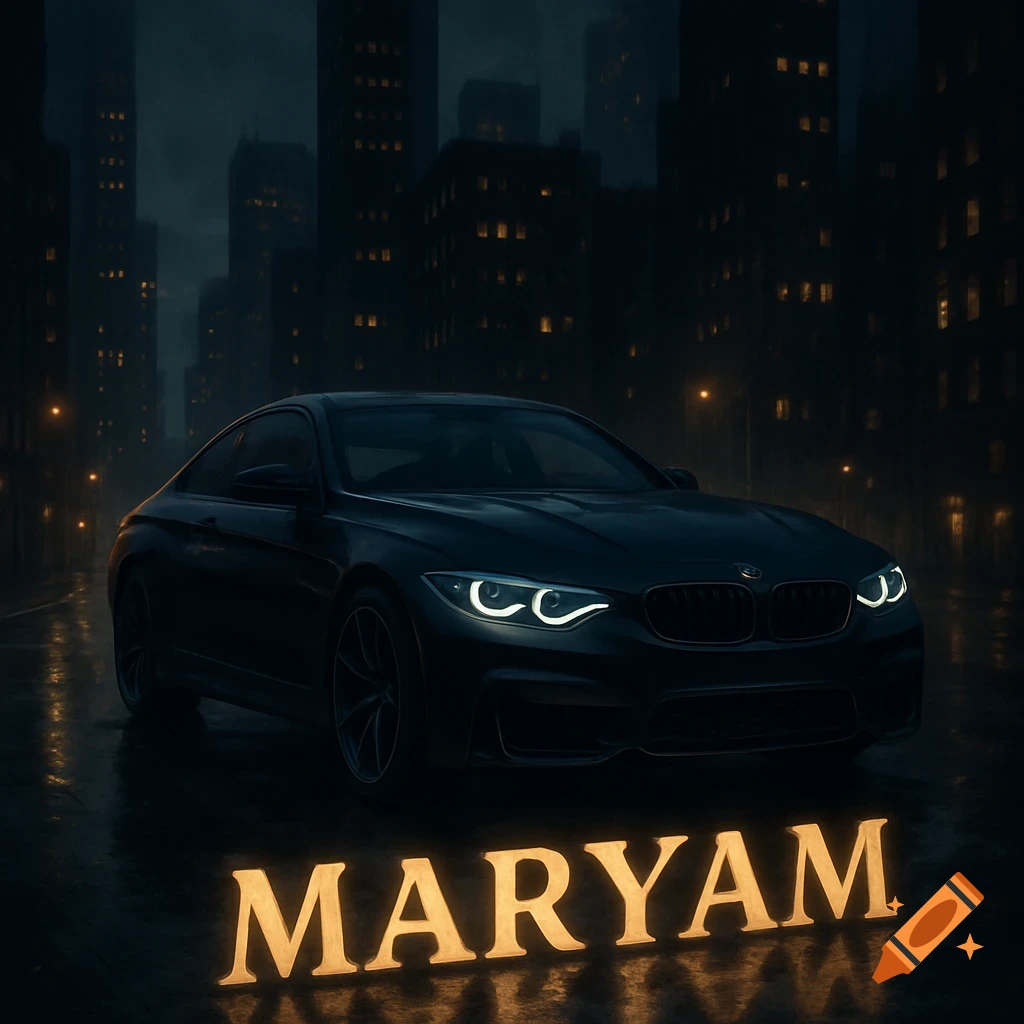 A sleek black BMW M4 parked on a wet city street at night, with tall ...