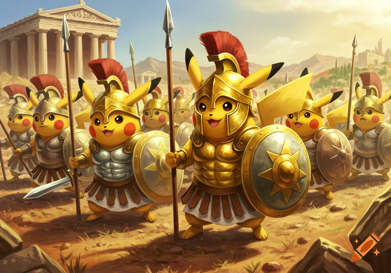 Pikachus in golden Greek armor and red-plumed helmets stand in a dusty ...