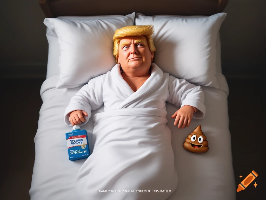 A toy-like caricature of Donald Trump lies in bed in a bathrobe ...
