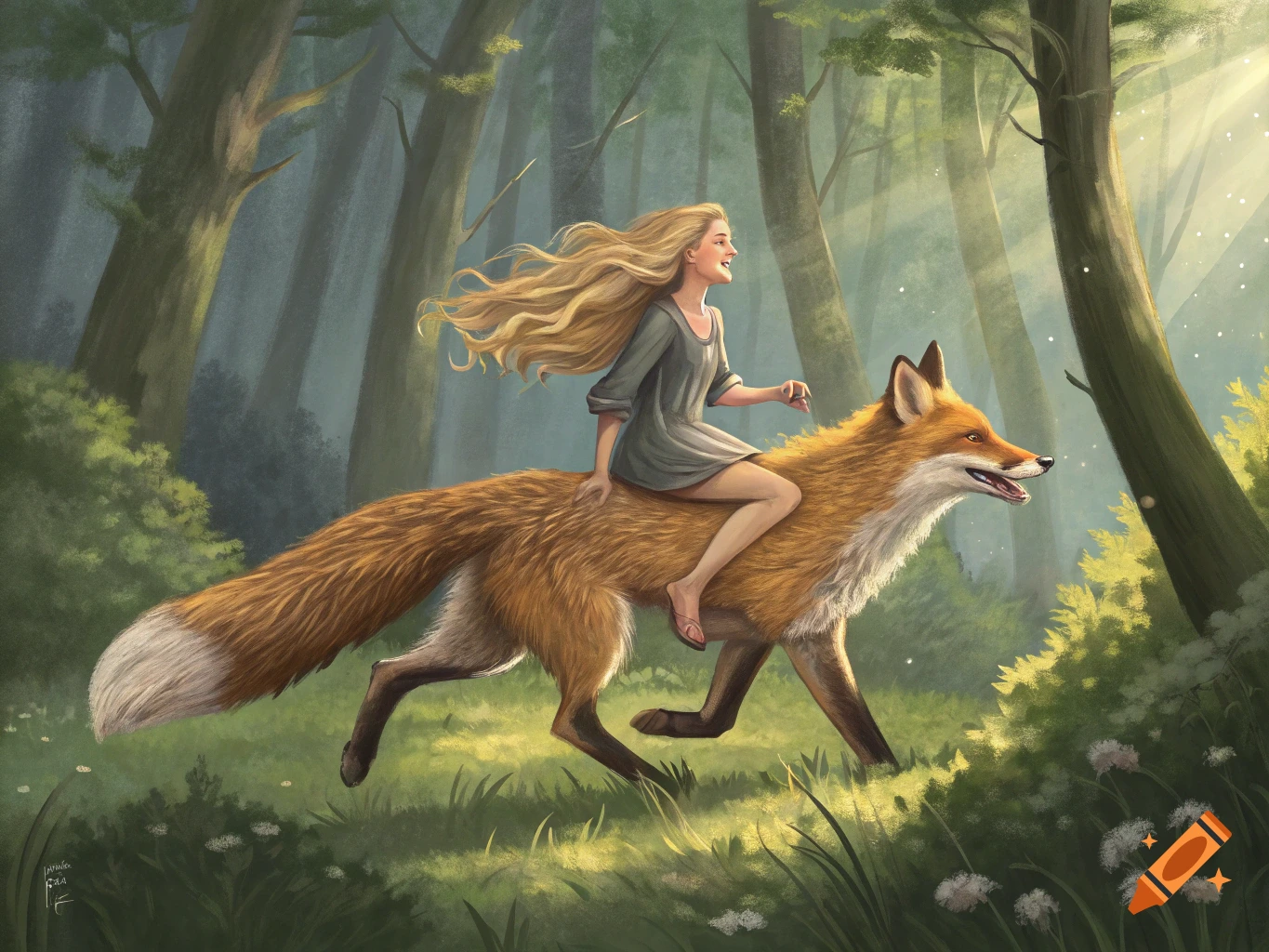 A girl with long blonde hair rides a large fox through a sunlit forest ...