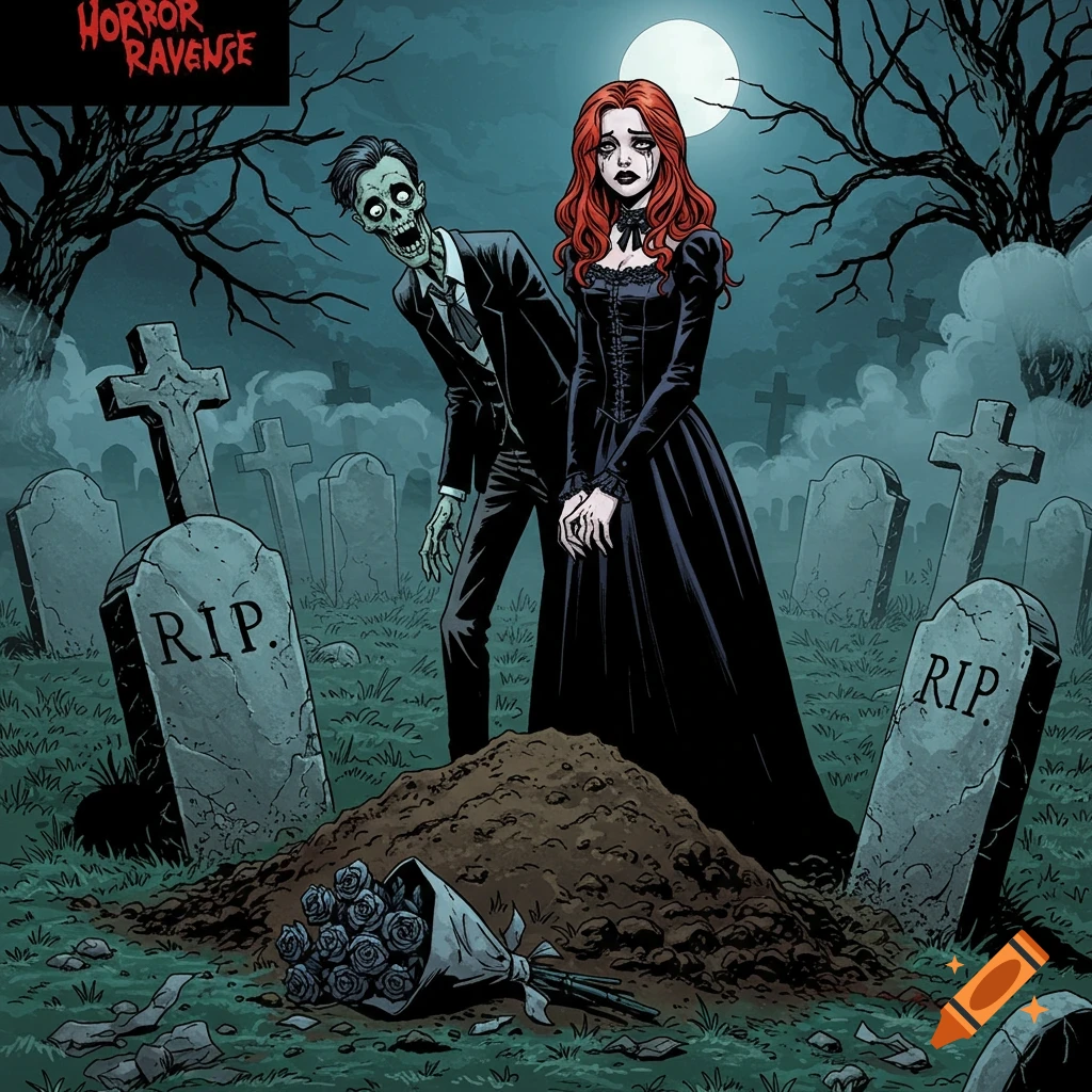 A stylized comic illustration shows a zombie and a goth woman in a dark graveyard under a full ...