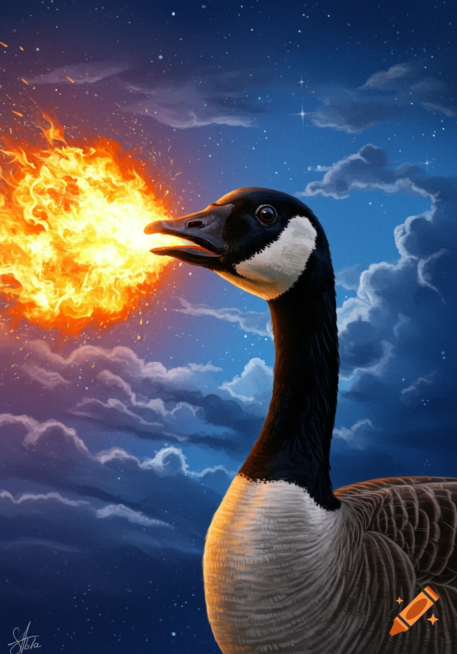 A detailed digital painting of a Canada goose breathing fire against a ...