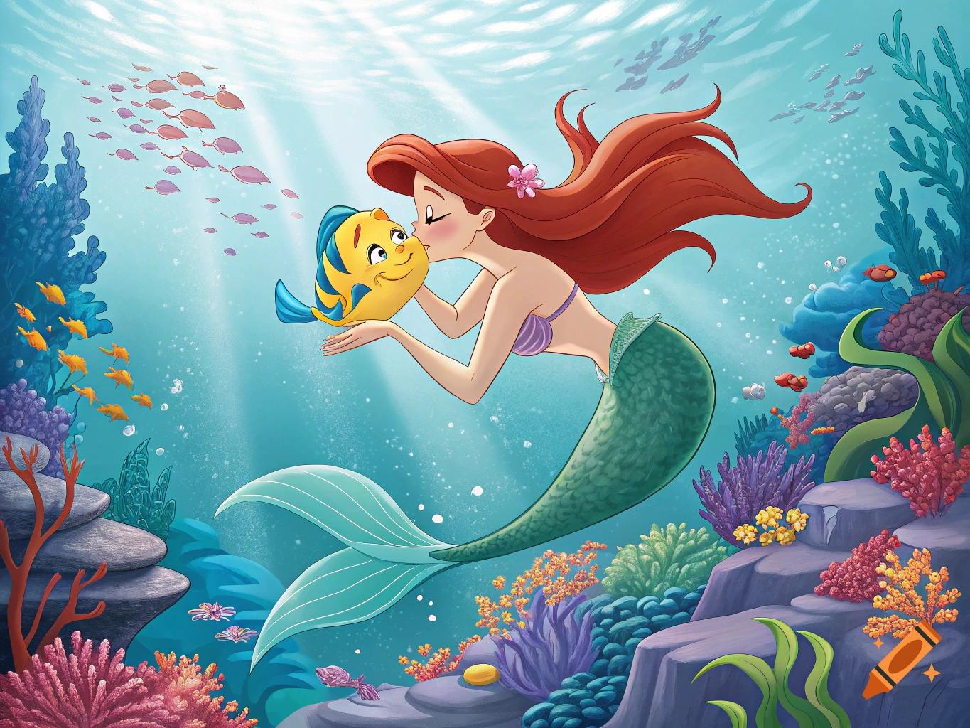 Ariel the Mermaid kisses her fish friend Flounder underwater ...
