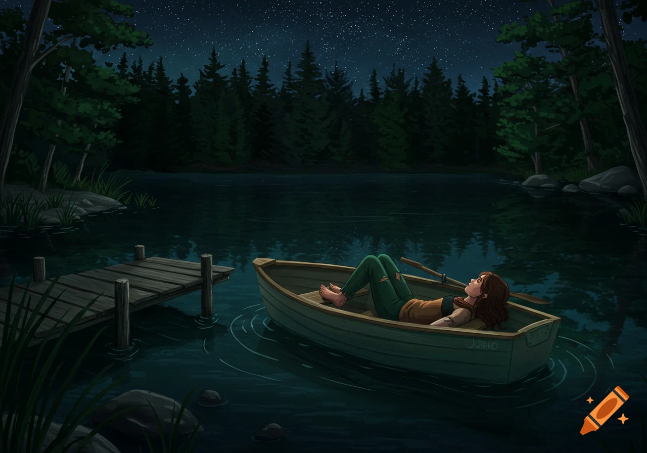 A person relaxes in a rowboat on a dark lake under a starry night sky ...