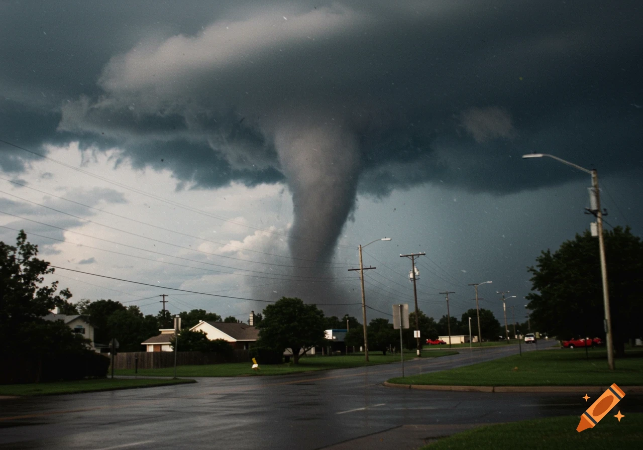 A large tornado twists from a dark, stormy sky over a residential ...