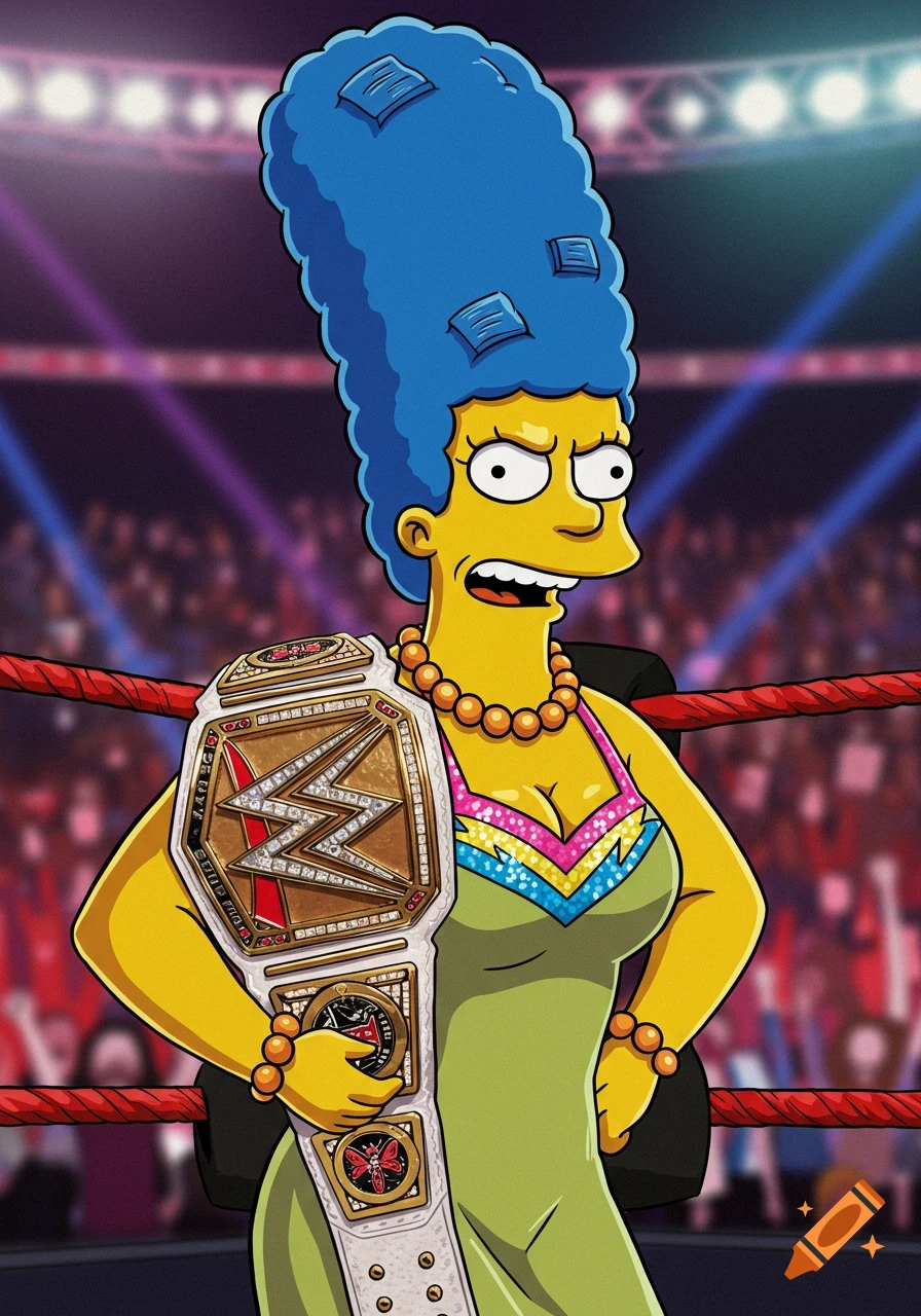 Marge Simpson, dressed in a colorful wrestling top and green dress ...