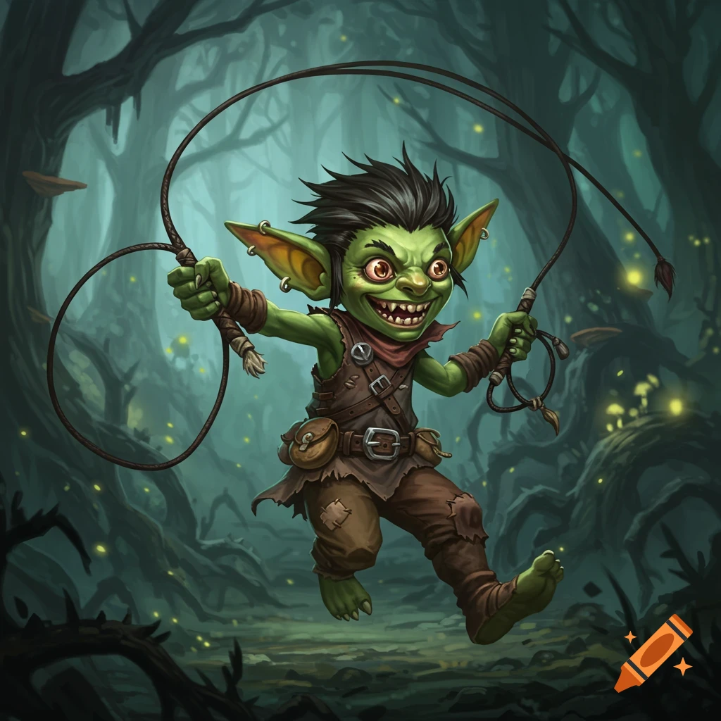 A grinning, green goblin with a whip stands in a dark, magical forest ...