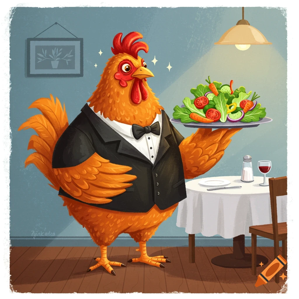 A cartoon chicken wearing a black tuxedo stands holding a plate of ...