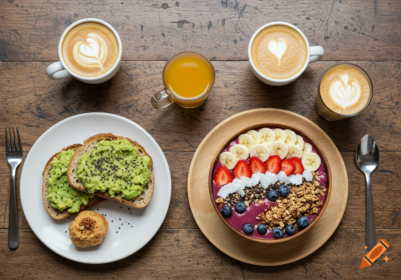 A flat lay of a healthy breakfast spread including avocado toast, a ...