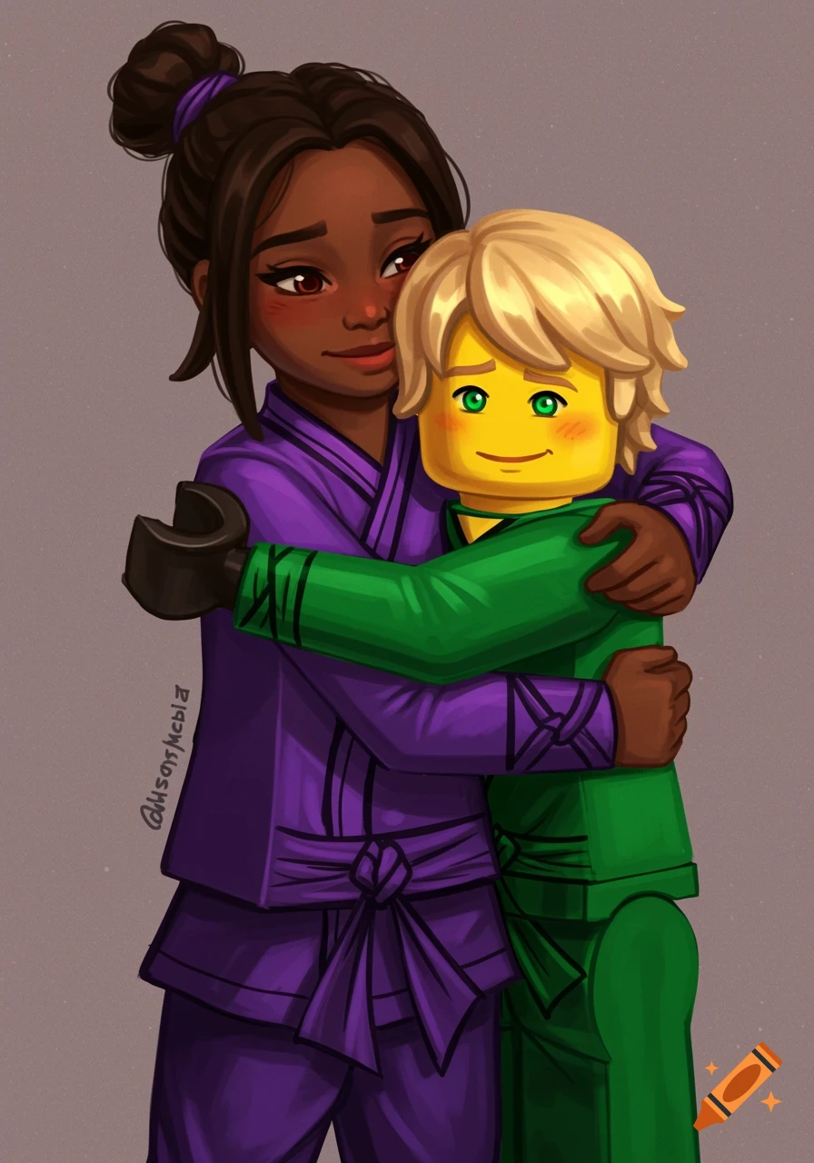 A dark-skinned girl in a purple ninja uniform hugs a blond Lego Ninjago ...