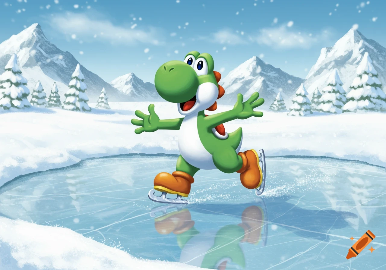 Yoshi ice skating on a frozen pond with snow-covered mountains and pine ...