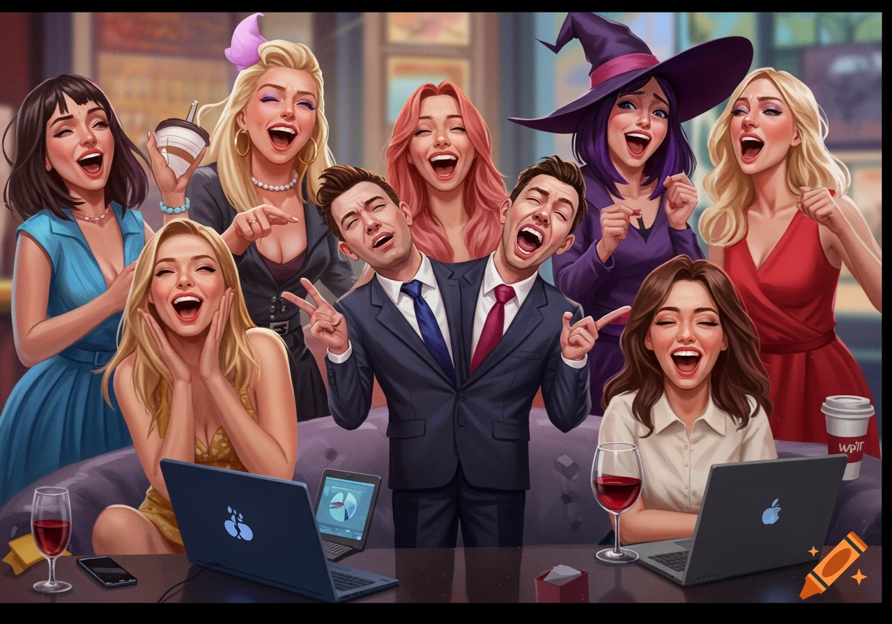 An expressive illustration of a group of diverse women laughing at two ...