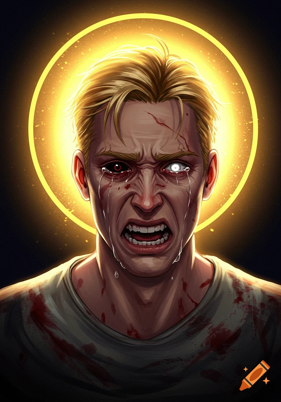 A stylized digital art portrait of a blonde man with blood on his face ...