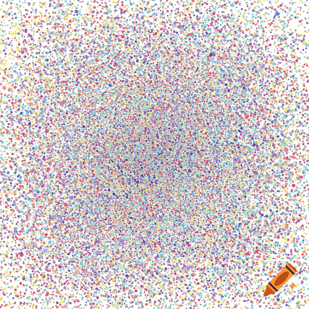 Small, multicolored dots scattered across a white background, forming a ...