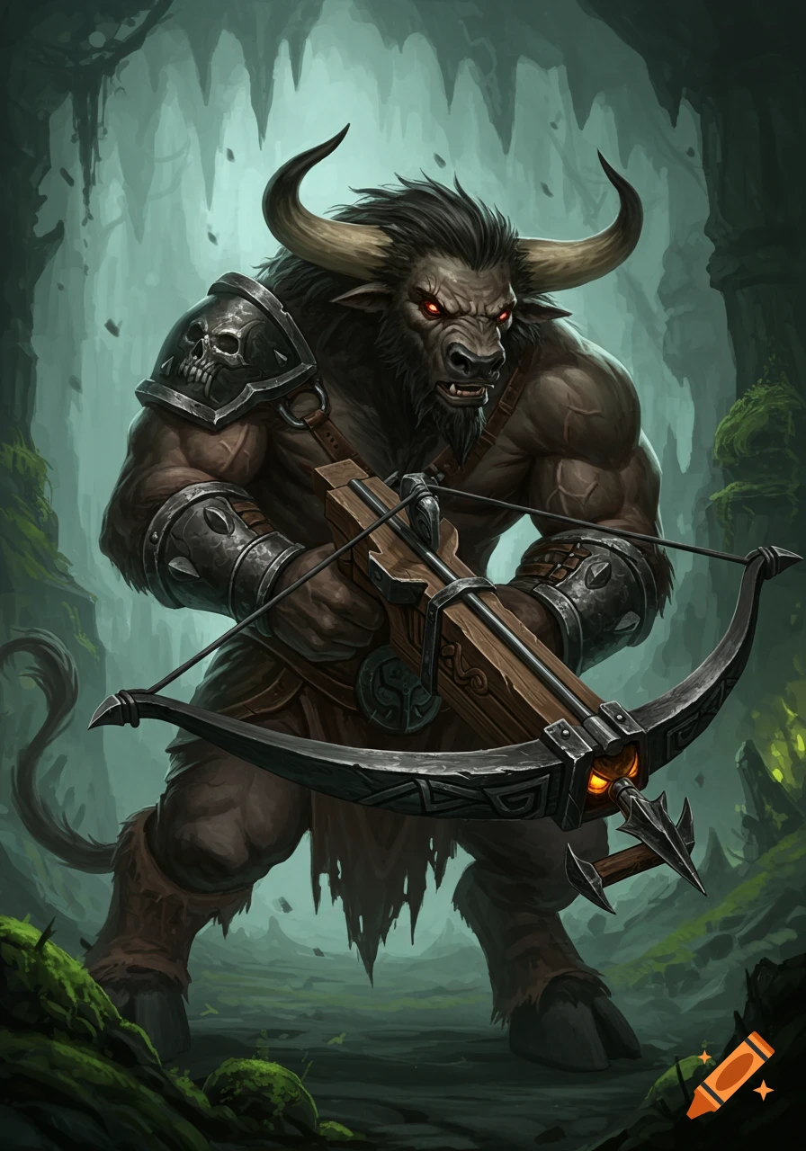 A fierce minotaur with red eyes and armor, wielding a giant crossbow in ...