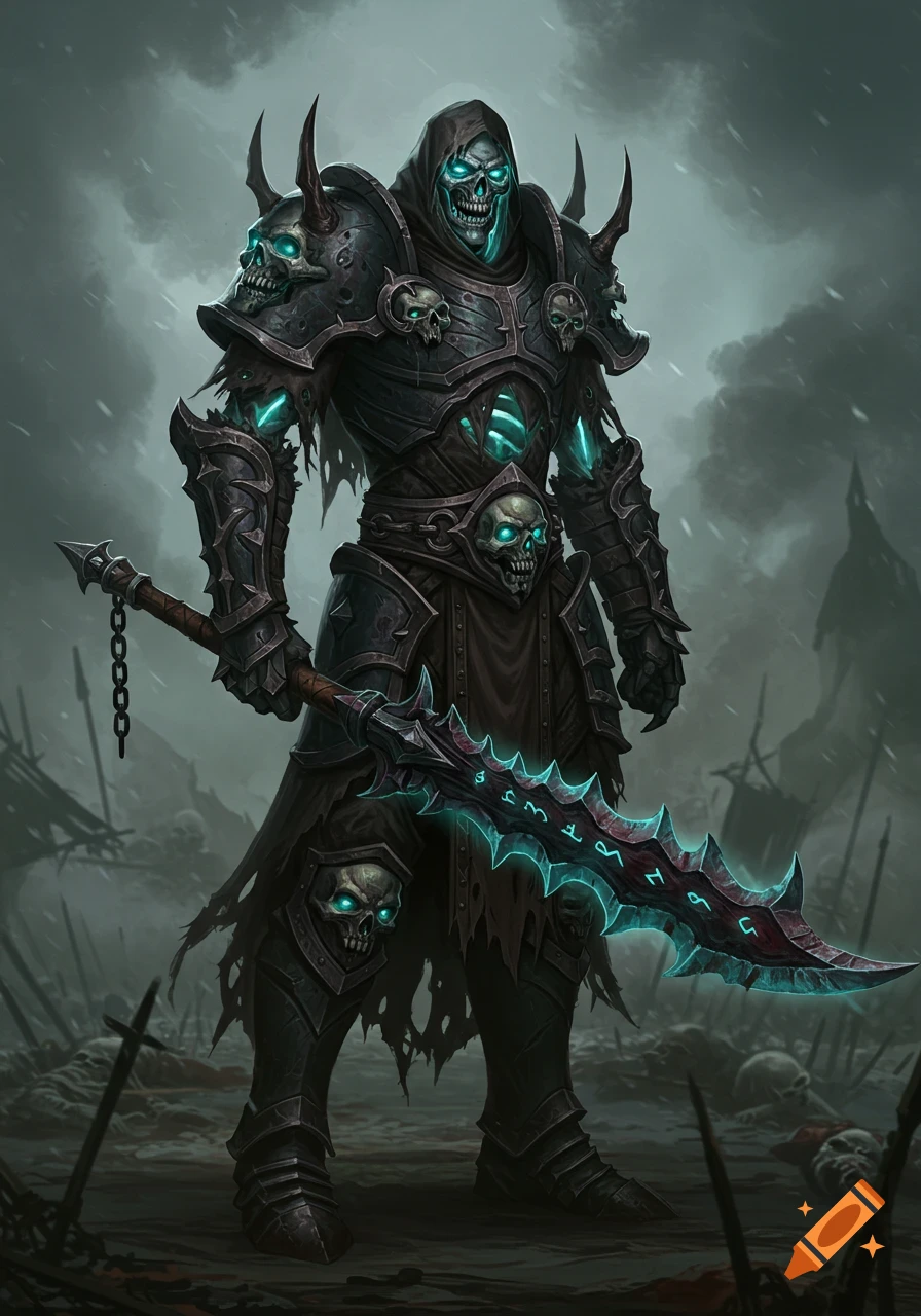 A dark fantasy illustration of a heavily armored undead warrior with ...