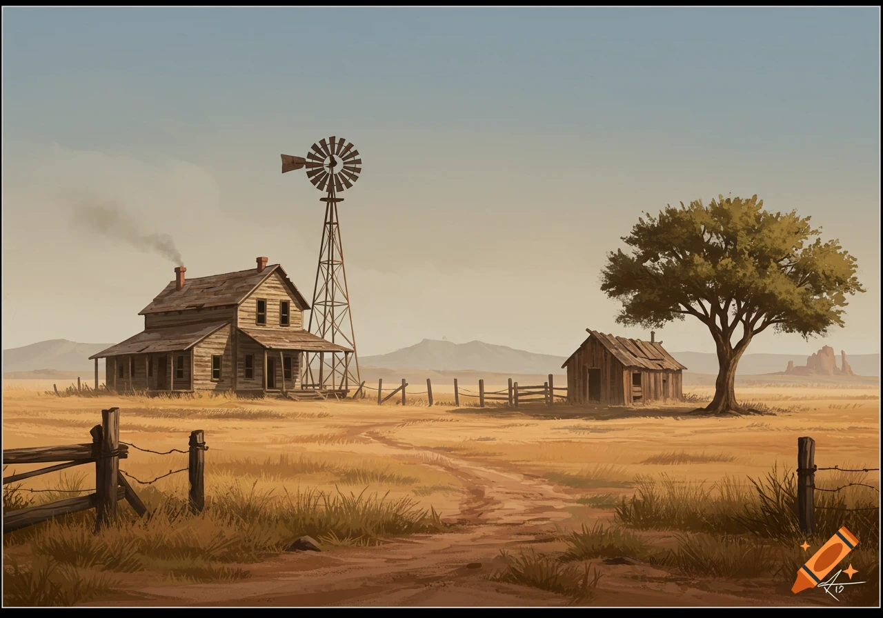 An illustration of an Old West landscape with a dilapidated wooden ...