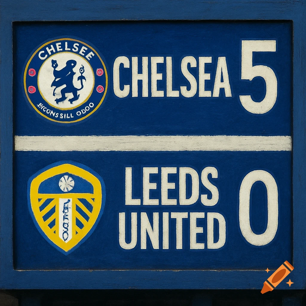 A blue scoreboard showing a football match with Chelsea 5 and Leeds ...