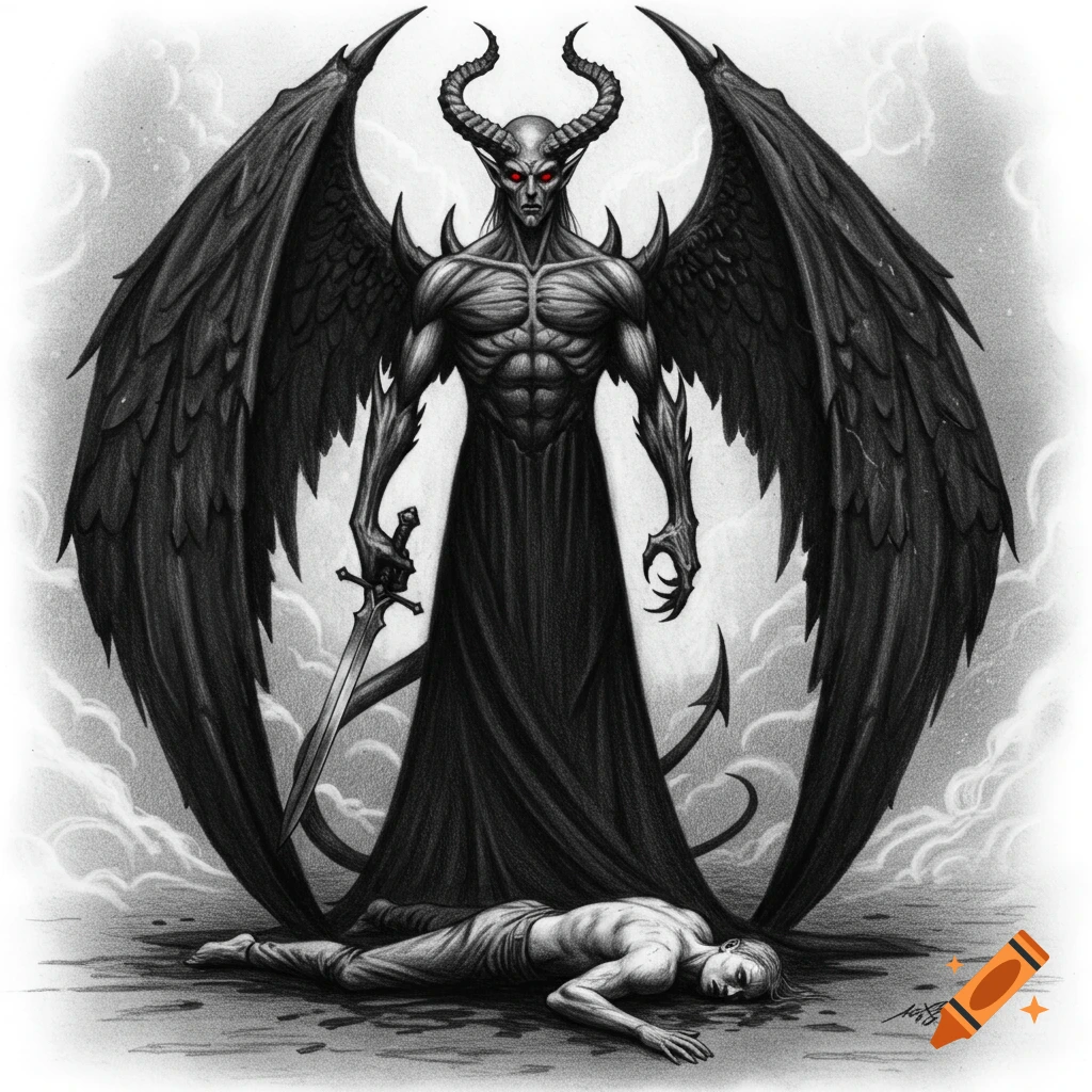 A demonic figure with large wings and horns stands over a fallen human ...