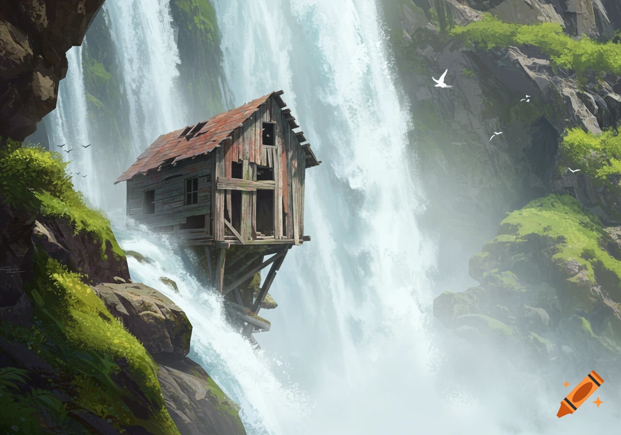 An old, dilapidated wooden shack precariously perched on a rocky cliff ...