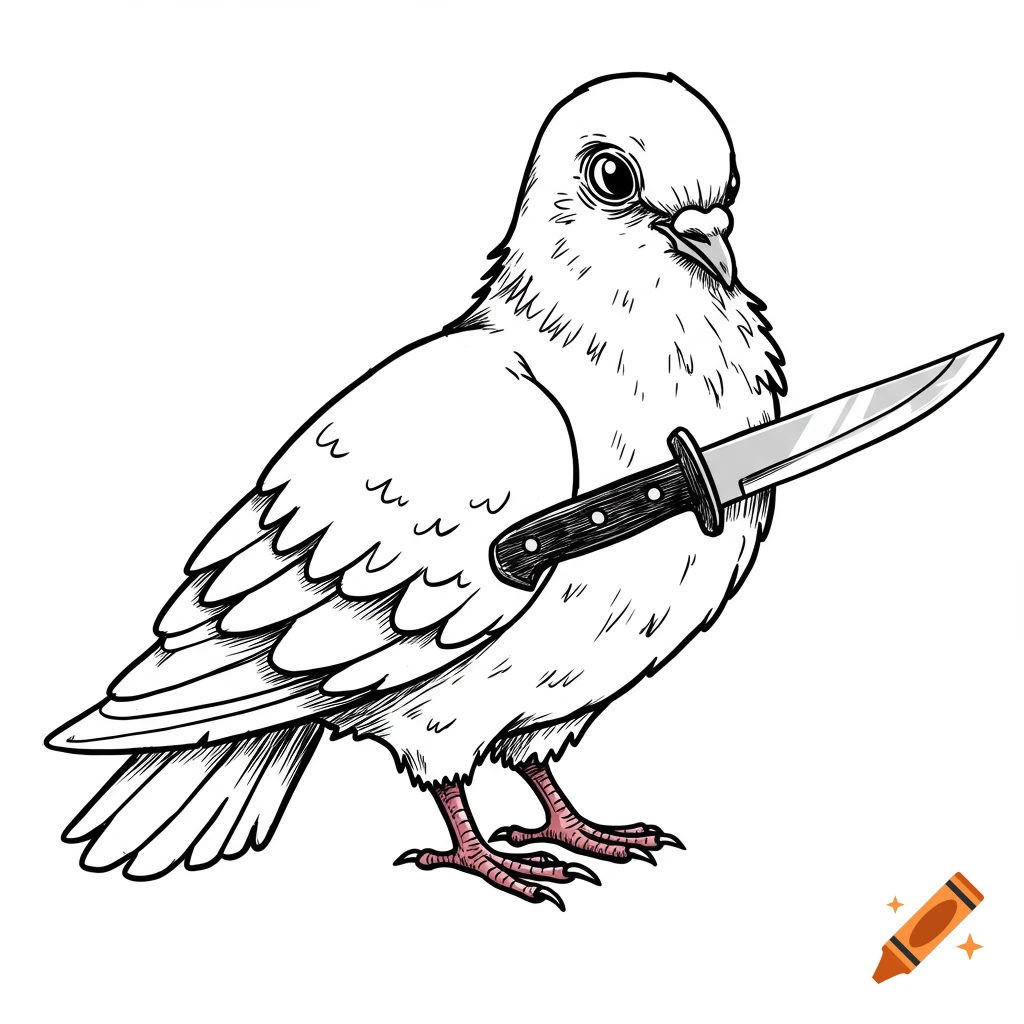 A simple pen drawing of a menacing-looking white pigeon holding a knife ...