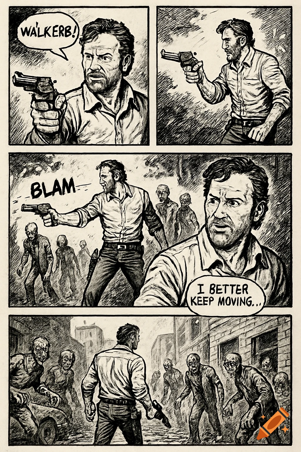 A black and white comic strip showing Rick Grimes fighting zombies in a city street, with ...